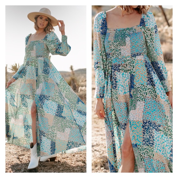 Aakaa | Dresses | Nwt Aakaa Floral Boho Long Maci Dress Patchwork Blue ...